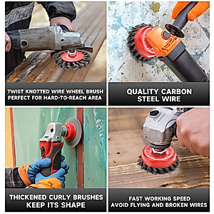 TILAX 4pcs Wire Wheel Cup Brush for Angle Grinder, 5/8 Inch-11 Threaded Arbor, 0.012" Coarse Carbon and 0.02" Knotted Carbon Steel Wire for 4 1/2 Angle Grinder for Heavy-Duty Rust,Paint Removal