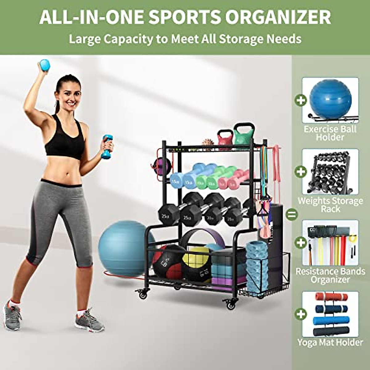 Weight Rack for Dumbbells, Dumbbell Rack Home Gym Storage Stand for Yoga Mat Kettlebells and Strength Training Fitness Equipment, Weight Holder Rack for Dumbbells with Wheels