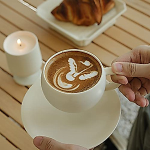 WENSHUO Egg Shape Coffee Mug, Round Teacup with Saucer, Matte Crème, 8oz