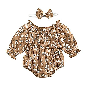 2pcs Infant Baby Girls Romper Headband 0-24M Ruffles Long Sleeve Off Shoulder Flowers Printed Sweet Jumpsuit (Brown, 0-6 Months)