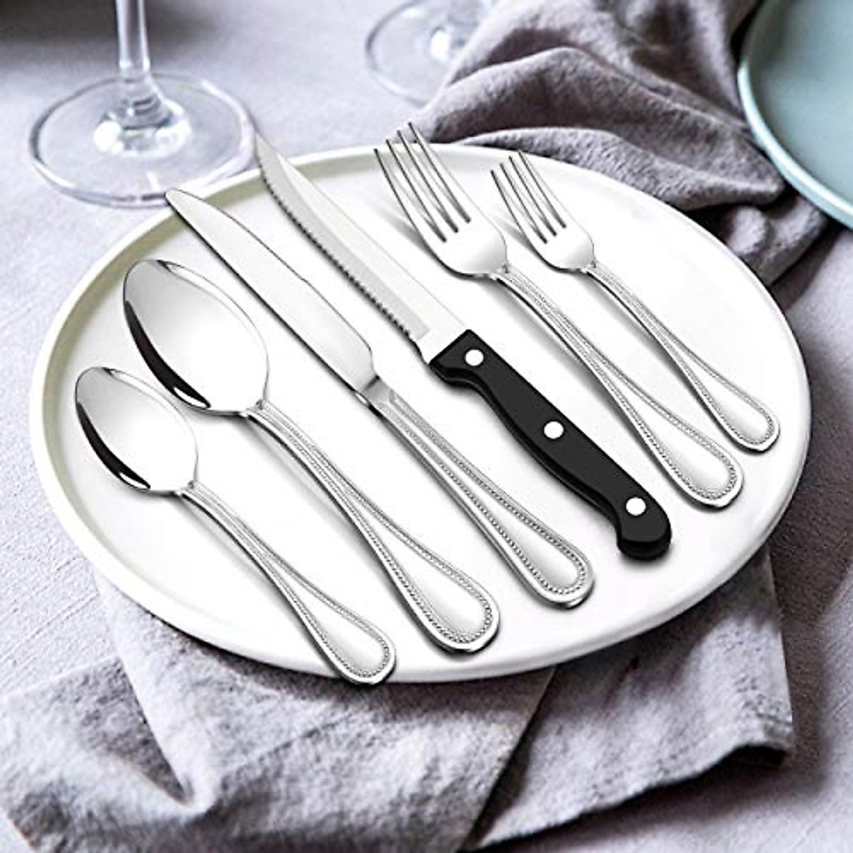 LIANYU 24-Piece Silverware Set with Steak Knives for 4, Stainless Steel Flatware Cutlery Set for Kitchen Restaurant Hotel, Fancy Eating Utensils Tableware with Beaded Edge, Dishwasher Safe