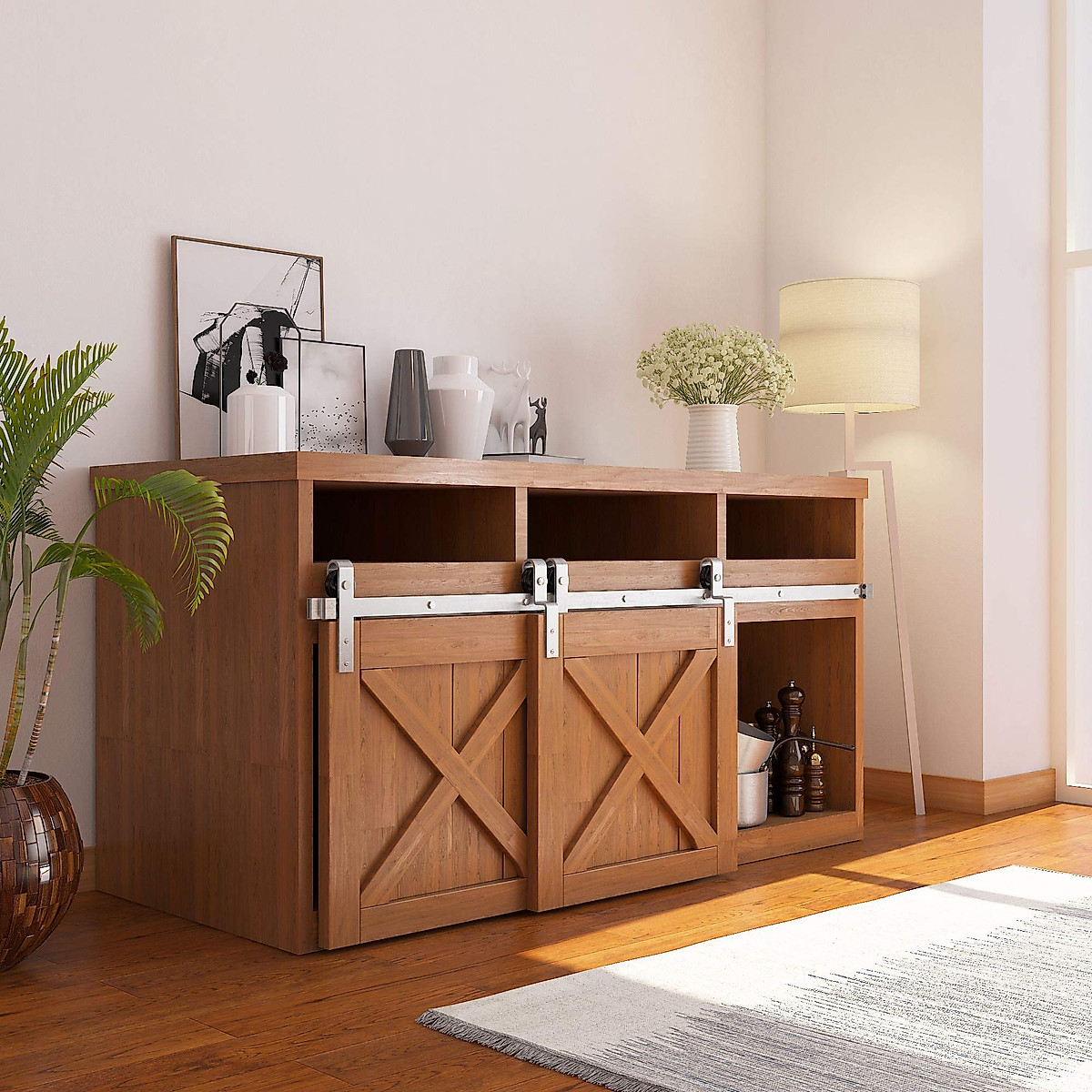 Homacer Mini Brushed Nickel Single Track Bypass Sling Barn Door Hardware Kit, for Two/Double Doors, 42-inch Long Flat Track, Classic Design Roller, Cabinet TV Stand Console Use