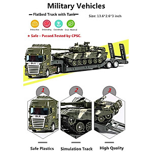 ZUKULIFE Military Vehicles and Army Battle Site Toys Flatbed Truck with Tank, Gift for 3 4 5 6 Year Olds Boys Kid Toddler Child