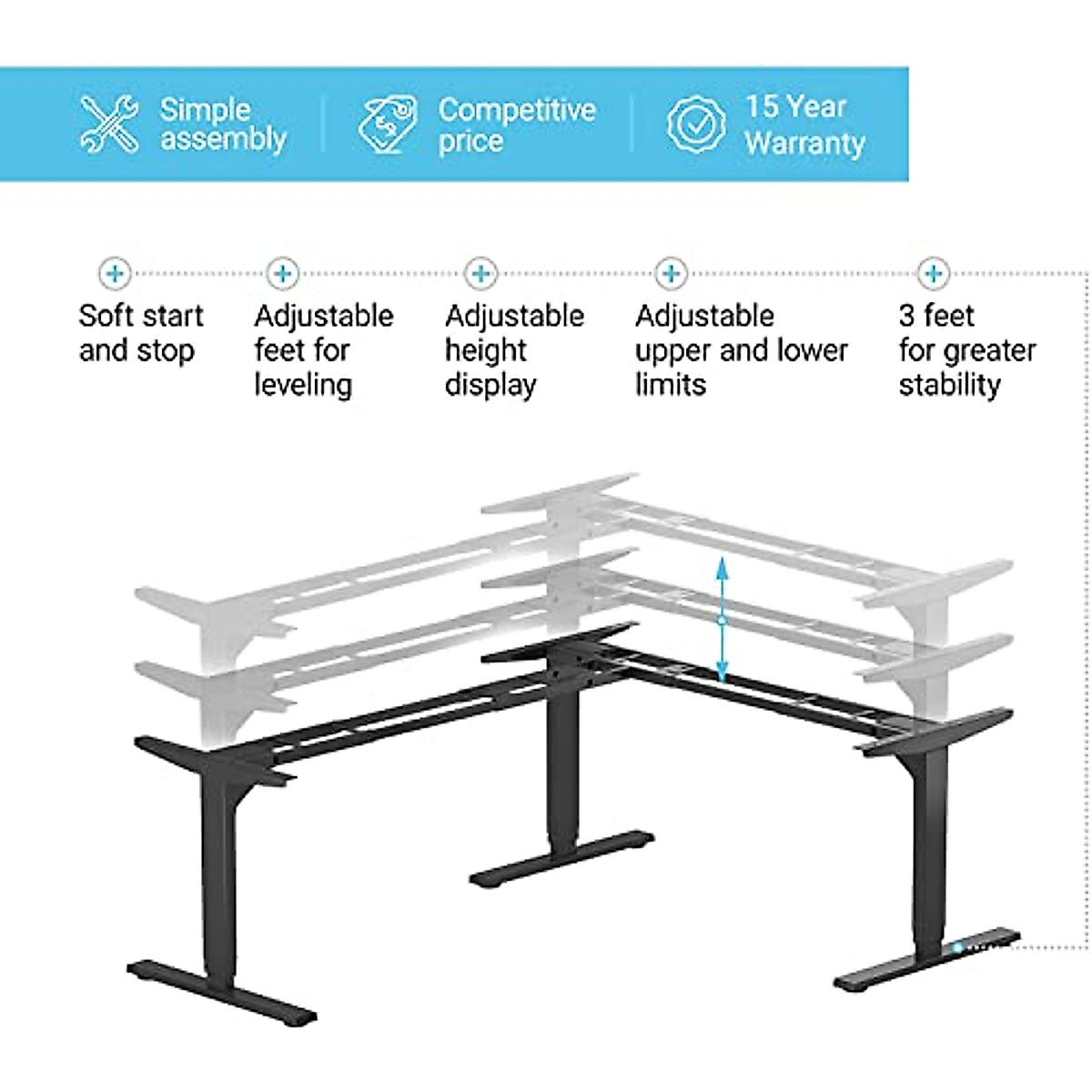 Standing Desk Corner Frame. Adjustable Height and Width Legs with Triple Electric Motors for Home Office L Shaped Desk FLT-05 Black