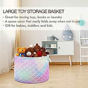 MNSRUU Storage Basket 20"x14" Rainbow Scales with Mermaid Collapsible Organizer Basket with Handles, Fabric Nursery Laundry Basket Large Capacity