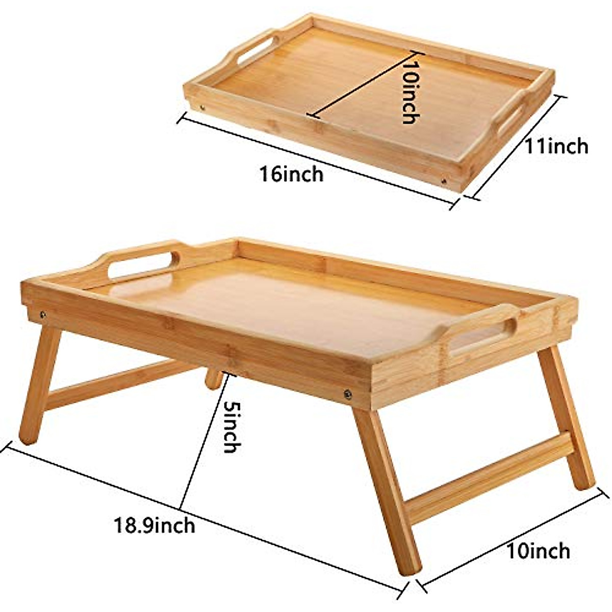 Lawei 2 Pack Bamboo Foldable Breakfast Table, Bed Tray Table with Legs, Serving Tray with Handles, Portable Food Table for Serving Breakfast in Bed, Laptop Desk Snack Tray for Eating, Reading, Working