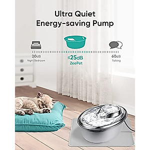 ZeePet Cat Water Fountain Stainless Steel D60,100oz/3L Pet Water Fountain for Cats Inside,Dog Fountain Water Bowl for Small, Medium Dogs and Cats (with mat, 6pcs Filters, Brushes)