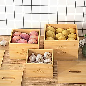 G.a HOMEFAVOR Potato and Onion Storage Bamboo Bin, 3 Piece Garlic Potato Onion Container, Potato Storage Vegetable Keeper, Bamboo Produce Box Sets For Kitchen Counter