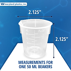 Plastic Beaker 50ml / 1.69 oz Set of 100 by Maryland Plastics – Clear Graduated Disposable Beakers with Easy-Pour Spout – Perfect for Resin Mixing, School Science Experiments, or Home Kitchen Use