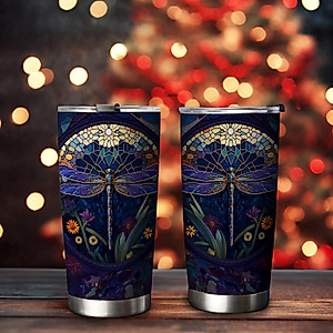 ORCAE 20oz Dragonfly Coffee Tumbler, Dragonfly Gifts for Dragonfly Lovers, Colorful Mosaic Flower Purple Dragonfly Tumbler Cup, Stainless Steel Coffee Thermos Insulated Travel Mug with Lid - G