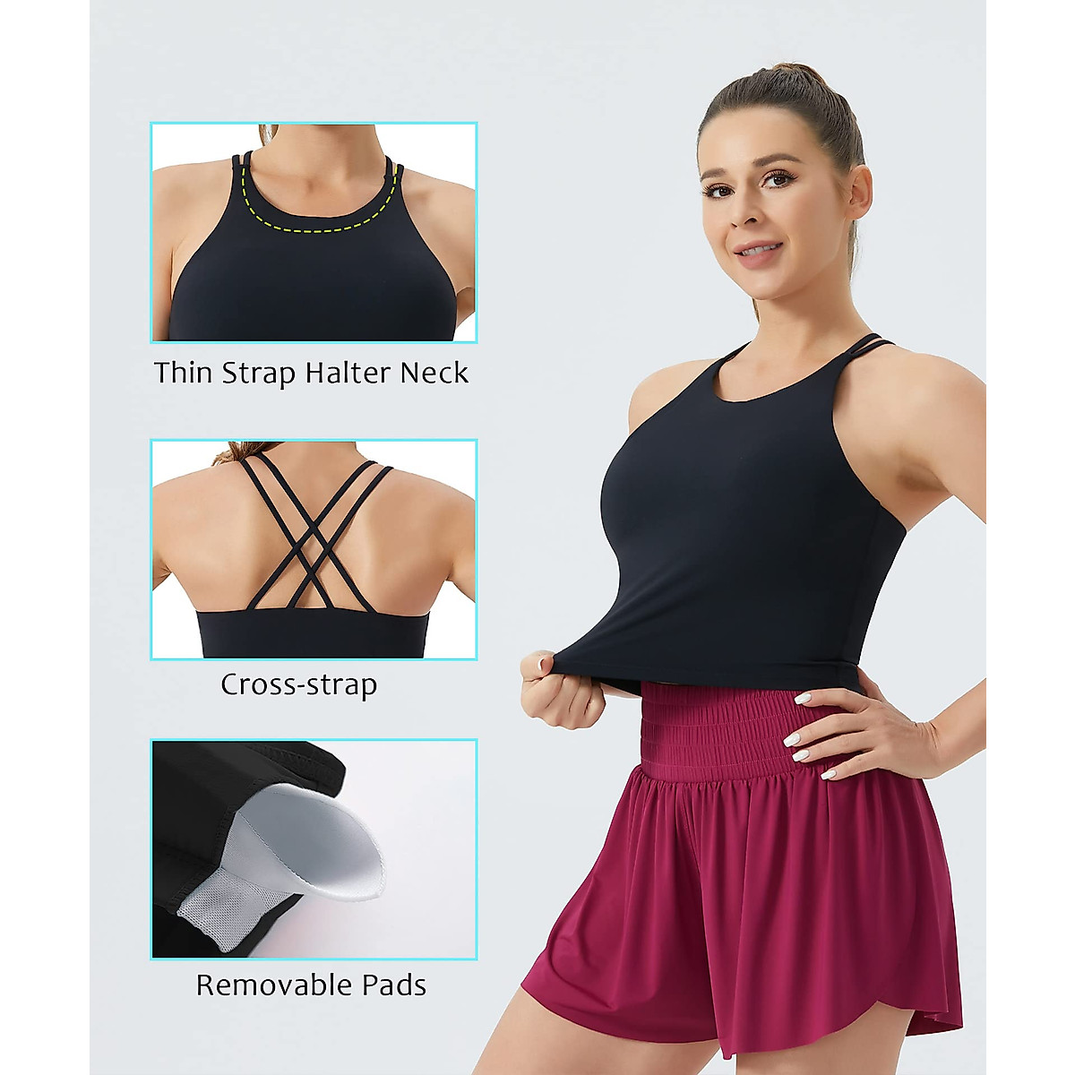 THE GYM PEOPLE Women's Cross Back Sports Bra Halter Neck Workout Crop Tank Tops with Removable Pads Black