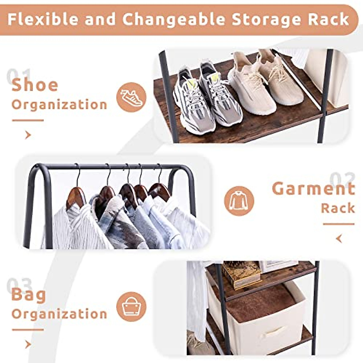 YOUDENOVA Clothing Rack with Bottom Shelve, Industrial Garment Rack with 3 Mesh Shelves, Freestanding Closet Heavy Duty with 2 Fabric Storage Boxes