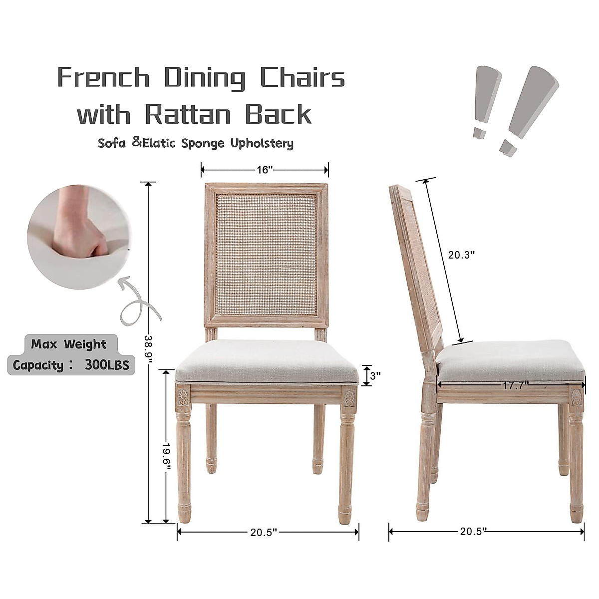 CIMOTA Farmhouse Dining Chairs Set of 2, French Rattan Dining Room Chairs with Rectangle Back/Distressed Wood Upholstered Vintage Side Chairs for Kitchen/Restaurant, Beige/2PCS