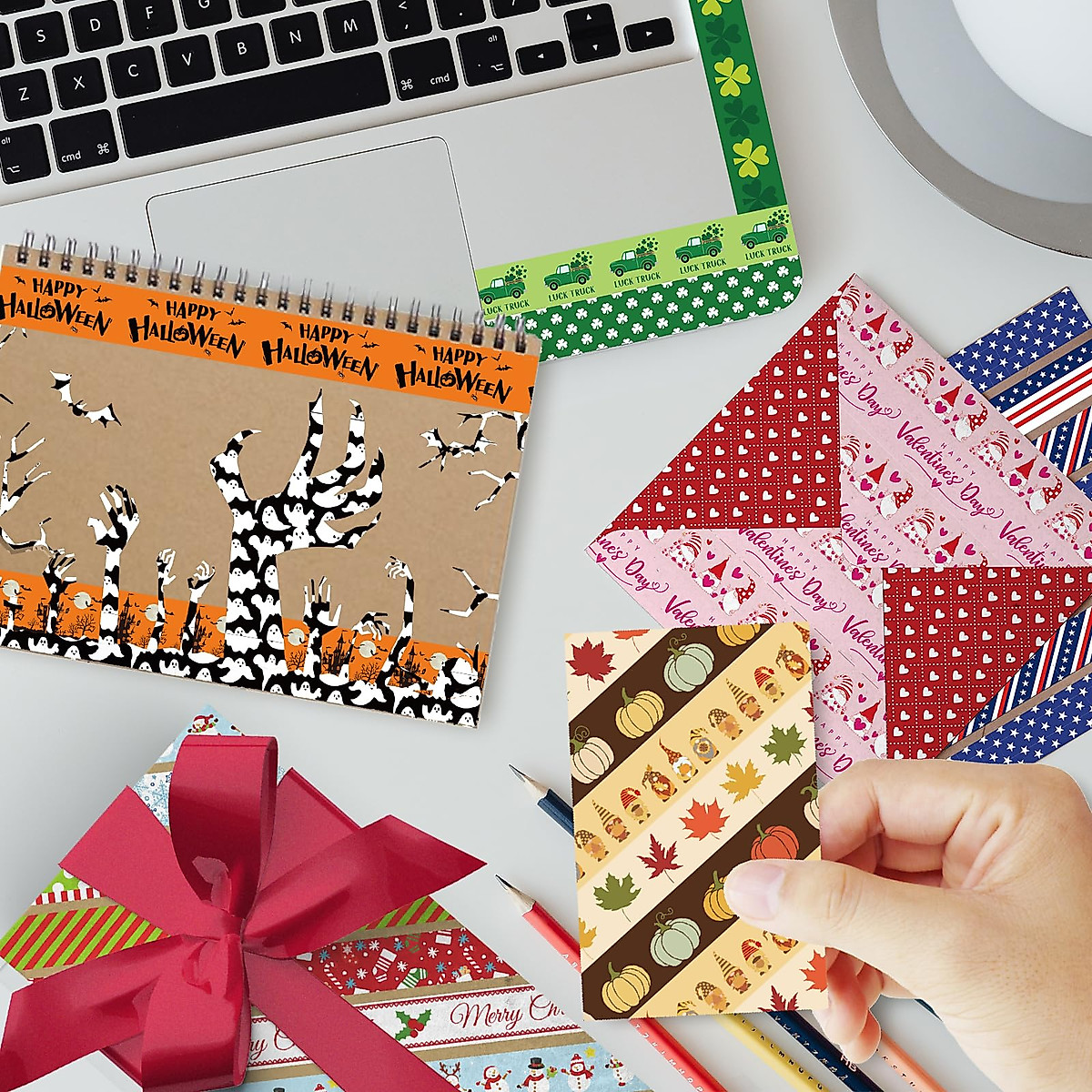 Whaline 24 Rolls Holiday Washi Tapes St. Patrick's Day Shamrock Easter Bunny 4th of July Seasonal Washi Tapes 15mm Assorted Festival Making Washi Tapes for Scrapbook Journal Art Craft, 16.4Ft