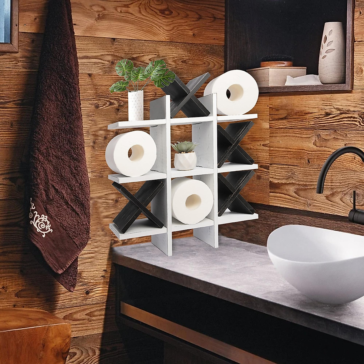 GENMOUS Handmade Tic Tac Toe Toilet Paper Holder For Black and White Bathroom Decor, Funny Wall Mounted Free Standing Toilet Tissue Paper Storage For Kids Guest Restroom Farmhouse Bathroom Decor White