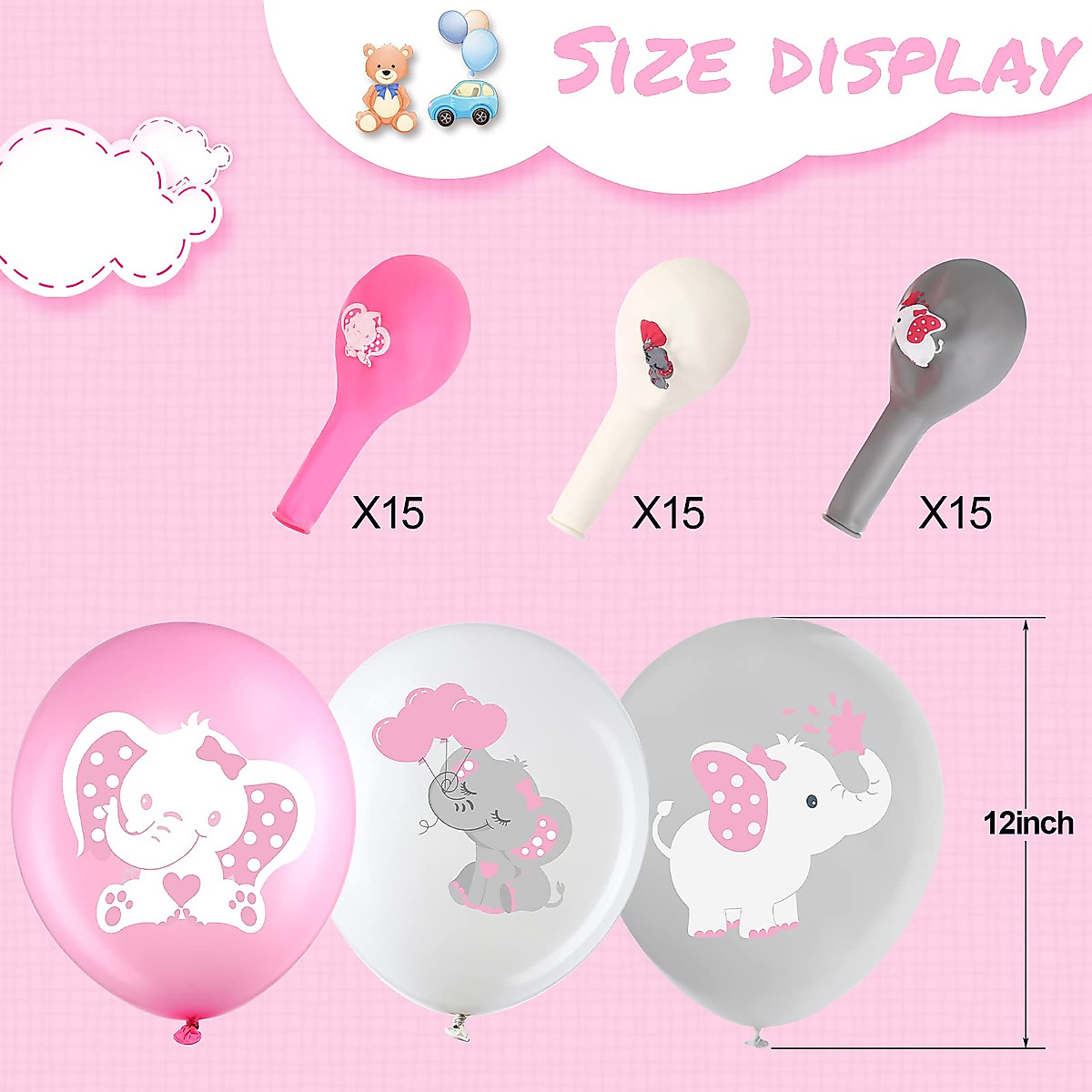 Aoriher 45 Pieces Elephant Balloon 12 Inch Baby Shower Elephant Balloon for Baby Boy Girl Gender Reveal Elephant Animal Themed Birthday Party Supplies Indoor Outdoor Decor (Pink, Gray, White)