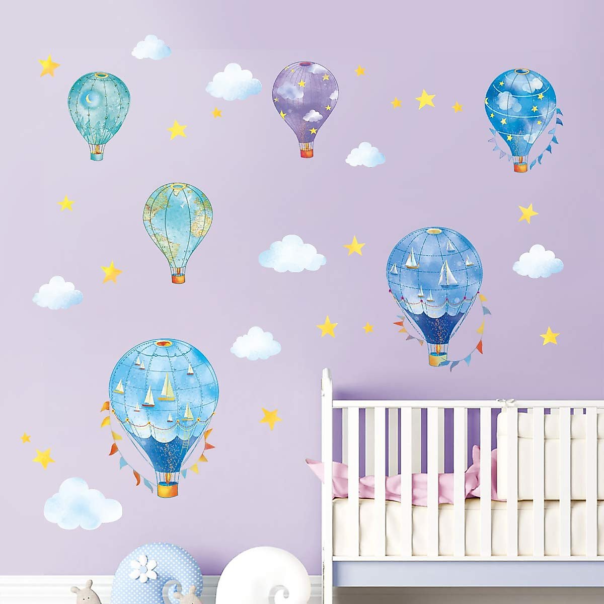 decalmile 6 Nautical Hot Air Balloons Wall Decals Stars Cloud Star Wall Stickers Baby Nursery Kids Bedroom Wall Decor(Size: 10"/6" H)