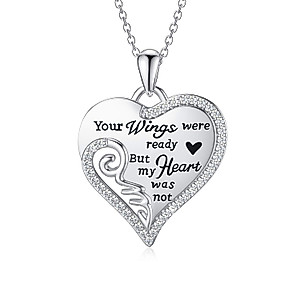 YAFEINI Memorial Necklace Sterling Silver Angel Wings Heart Necklace Memorial Jewelry Sympathy Gifts for Women
