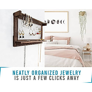 Rustic Jewelry Organizer – Wall Mounted Jewelry Holder with Removable Bracelet Rod, Shelf and 16 Hooks – Perfect Earrings, Necklaces and Bracelets Holder – Vintage Jewelry Display – Torched Brown