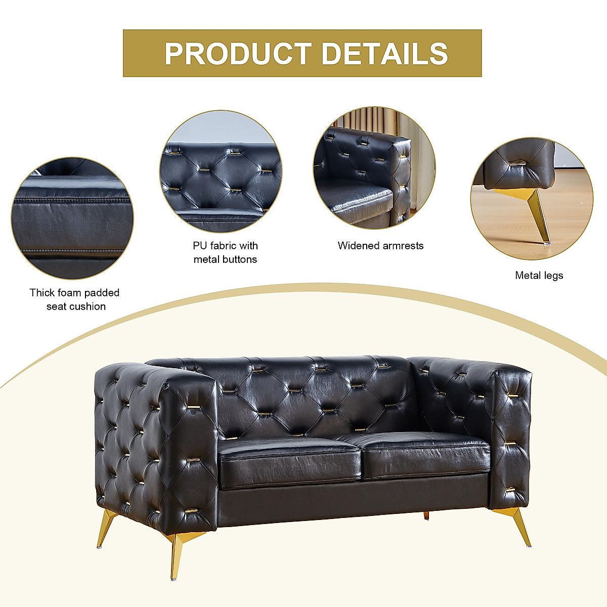 LEVNARY Black Leather Couch Loveseat, Modern Button Tufted Upholstered 2 Seater Couch, Comfy Chesterfield Sofa Couches for Living Room Bedroom Office (Black)