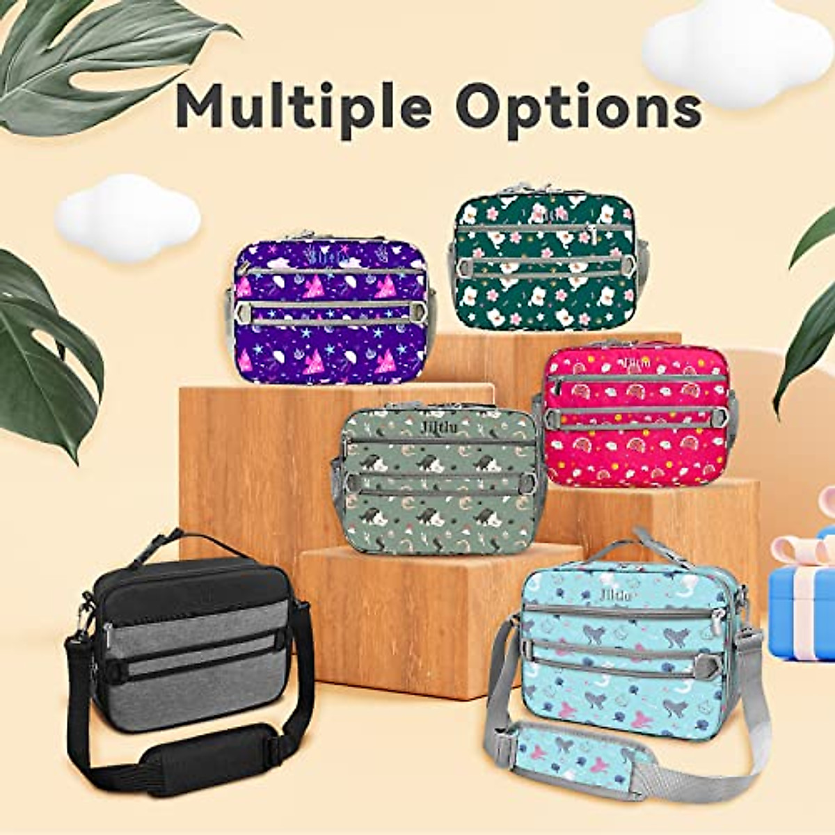 Jiltlu Kids Insulated Lunch Bags, Boys Girls Expandable Lunch Box Reusable Leakproof Portable with Removable Shoulder Strap for School Office Picnic-Olive Green-Dino