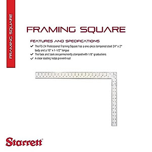 Starrett FS-24 Steel Professional Framing Square, 24 Inch x 16 Inch Length
