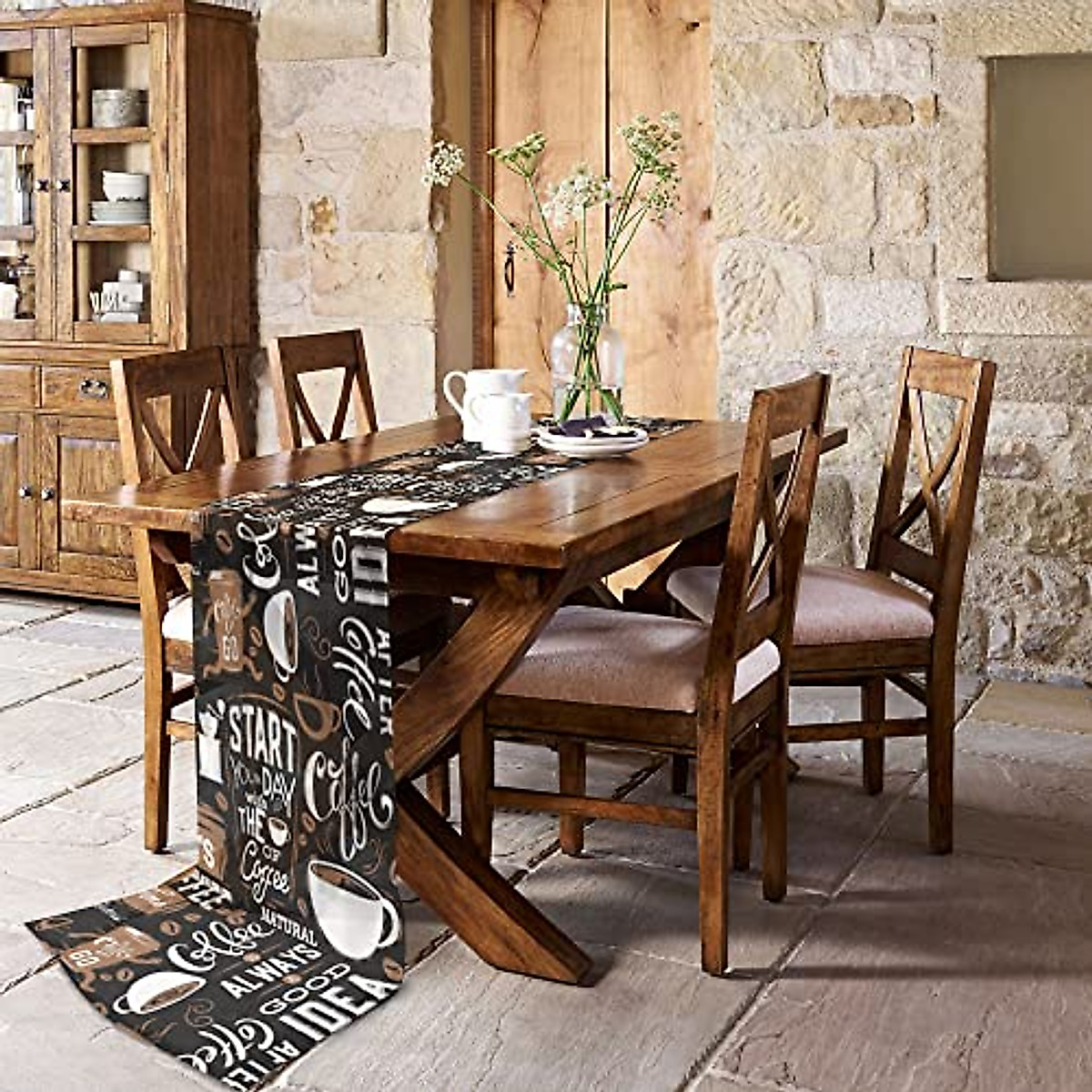 Rural Coffee Chiffon Table Runner 120 Inches Long, Shabby Chic Esppresso Beans Cup Drinking Voile Sheer Tulle Runner for Rustic Wedding Reception Bridal Shower Decorations Birthday Party