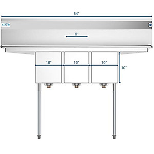 KoolMore - SC101410-12B3 3 Compartment Stainless Steel NSF Commercial Kitchen Sink with Right and Left Drainboards - Bowl Size 10" x 14" x 10", Silver