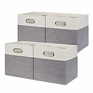 Temary Cube Storage Bins 11x11 Storage Cubes Organizers Bins with Handles, Set of 4 Foldable Storage Baskets for Shelves, Decorative Fabric Storage Boxes for Home, Office (White&Grey)