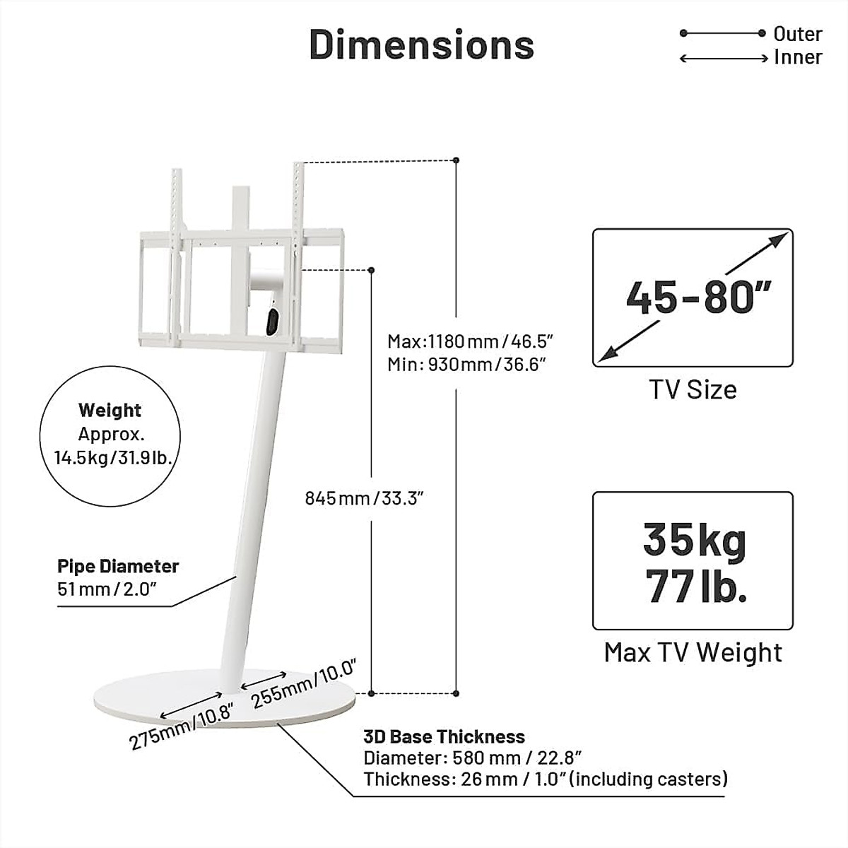 WALL A2 Large Type | Japanese Rolling Portable Free-Standing 45-80 Inch Universal Big Screen TV Stand with Concealed Caster Wheels | Satin White