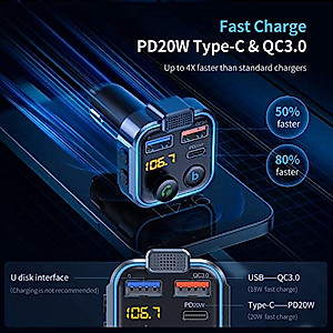 UNBREAKcable Bluetooth 5.0 FM Transmitter for Car, [PD 20W + QC 3.0] [Stronger Microphone & HiFi Bass Sound] Cigarette Lighter Radio Music Adapter Charger, Supports Hands-Free Siri Google Assistant