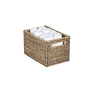 La Jolla Rattan Shelf Basket with Handles, Small, Black-Wash
