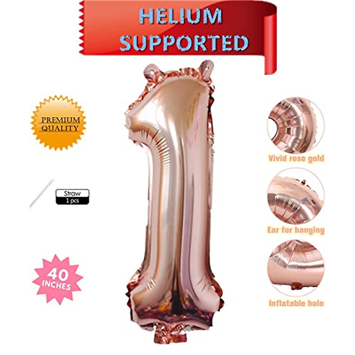 40 Inch Rose Gold Jumbo 1 Number Balloons Huge Giant Balloons Foil Mylar Number Balloons for Birthday Party,Wedding, Bridal Shower Engagement Photo Shoot, Anniversary (Rose Gold,Number 1)