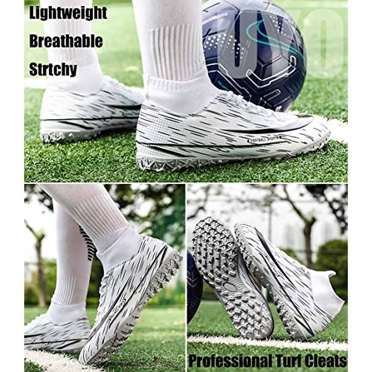 Soccer Shoes for Men High-Top Lace-Up Non-Slip Spikes Indoor Turf Futsal Football Cleats White EU 44 US 10.5