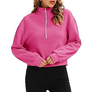 Artfish Womens Cropped Sweatshirts Half Quarter Zip Pullovers Long Sleeve Crop Tops Workout Gym Hoodies Hot Pink S