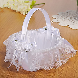 2 PCS Wedding Flower Baskets for Girls,Creative Hand-held Lace Romantic White Flower Baskets for for Flower Bride/Kids Hand Held Wedding Ceremony Party Accessories