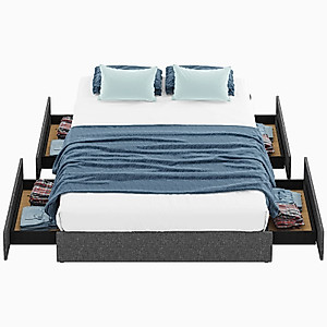 Mixoy Cal King Bed Frame with Four Storage Drawer,Platform Bed Frame with Linen headboardand and Footboard with Drawers, Wood Slats Support.No Box Spring Needed/Easy Assembly(Cal King,Dark Grey)