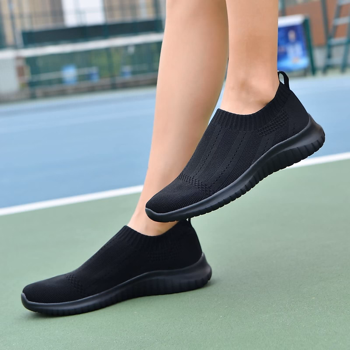 LANCROP Women's Casual Tennis Shoes - Comfortable Knit Gym Walking Slip On Sneakers Wide 7.5 M US, Label 38 All Black