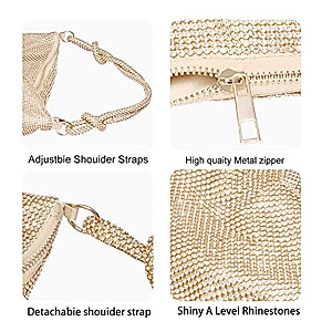 Rhinestone Evening Bags for Womens, Chic Crystal Sparkly Evening Purse Handbag Hobo Bag (Golden)