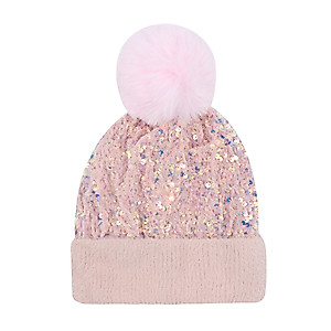 Caviotess Women Sparkly Sequins Knitted Beanie Hat Warm Winter Skull Cap with Faux Fur Pom Pom Light Pink