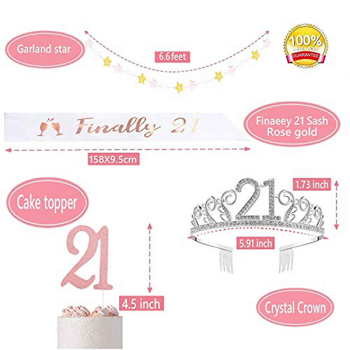 OUGOLD 21st Birthday Decorations Rose Gold Party Supplies for her Gift Finally 21 sash Garland Happy Birthday Balloon foil Curtain Backdrop Props Cake Topper &Confetti Ballon 21st Bday