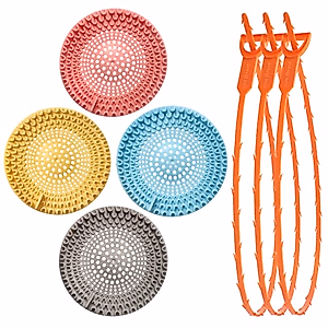 Drain Hair Catcher Drain Clog Remover, 7pcs Bathroom Accessories Set, 4 Durable Silicone Shower Hair Drain Catcher, 3 Drain Snake Hair Remover 25in, Cleaner Sink Stopper for Tub Bathtub and Kitchen