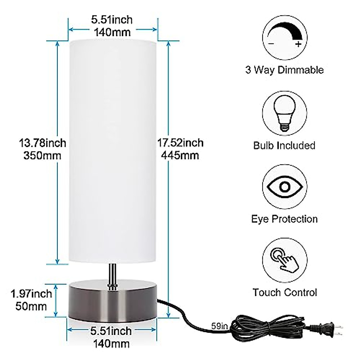 Touch Control Nightstand/Table Lamp Bedside Minimalist Desk Lamp Modern Accent Dimmable Touch Light with Cylinder Lamp Shade Night Light for Bedroom Living Room Kitchen, E26 Bulb Included