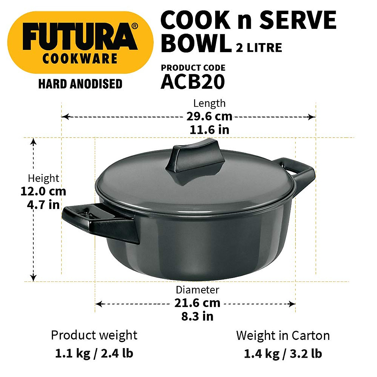 Hawkins/Futura L62 Hard Anodised Cook and Serve Stewpot/Bowl, 2-Liter,Gray,Medium