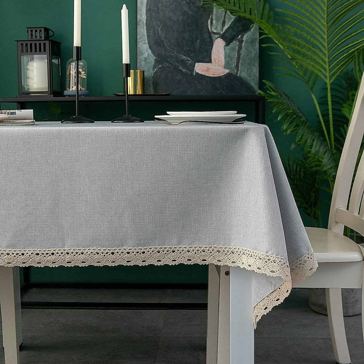 EHouseHome Faux Linen Tablecloth with Lace Trim - Waterproof/Spill Proof/Stain Resistant/Wrinkle Free/Oil Proof - for Banquet, Parties,Dinner,Kitchen,Wedding,Holiday,Silver Grey Square 70X70Inch