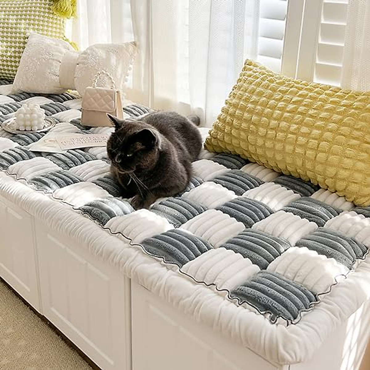 Funnyfuzzy Cream-Coloured Large Plaid Square Pet Mat Bed Couch Cover, Funny Fuzzy Couch Cover, Dog Blankets For Large Dogs, Waterproof Blanket Dog Bed Cover Pet Blanket, For Most Cats Dogs,Pets ( Colo