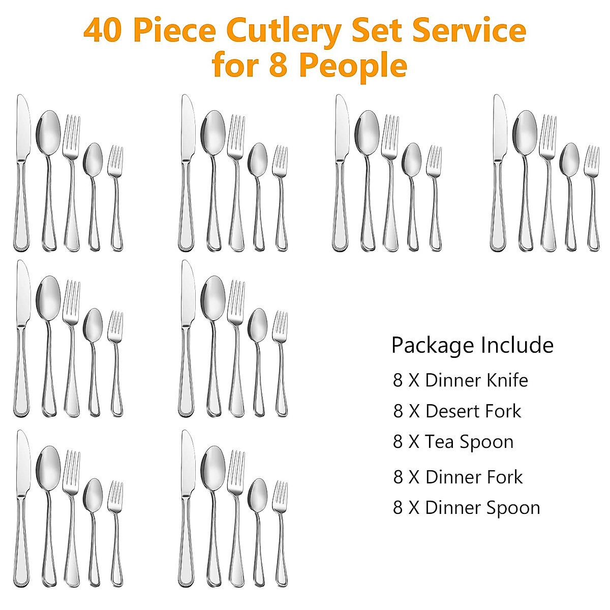 40 Pieces Silverware Set for 8, ASKSCICI Stainless Steel Flatware Cutlery Set for Home and Restaurant, Including Knife, Fork & Spoon, Modern Design, Dishwasher Safe