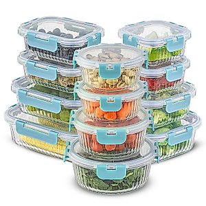 JoyJolt 24pc Fluted Glass Storage Containers with Lids. 12 Airtight, Freezer Safe Food Storage Containers, Pantry Kitchen Storage Containers, Glass Meal Prep Containers for Lunch
