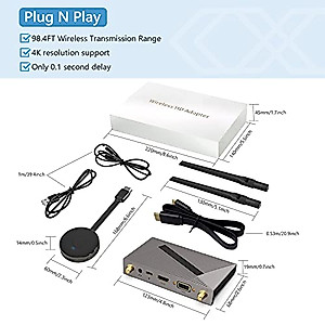 Wireless HDMI Transmitter and Receiver, Wireless HDMI 4k Extender Kit, HDMI Dongle Adapter Support 4K@30Hz,Support 2.4/5GHz for Streaming Video/Audio from Laptop,Smartphone to HDTV/Projector-Gray