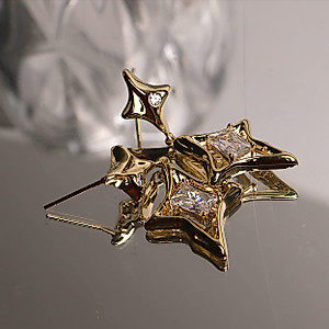 Sonateomber Gold Star Drop Dangle Earrings for Women Unique Sparkly Cubic Zirconia Crystal Four Pointed Star Dangling Hypoallergenic Stud Fashion Prom Jewelry Gifts